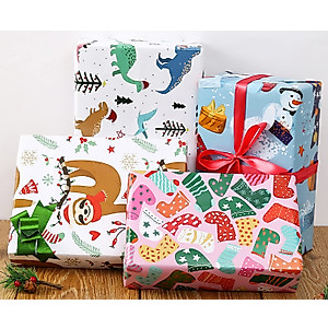 CAMKUZON Christmas Wrapping Paper for Kids Boys Girls Baby Women Men - 12 Sheets Xmas Gift Wrap 4 Cartoon Designs Dinosaur, Sloths, Snowmen, Socks - Folded Flat, 20 Inch X 29 Inch Per Sheet