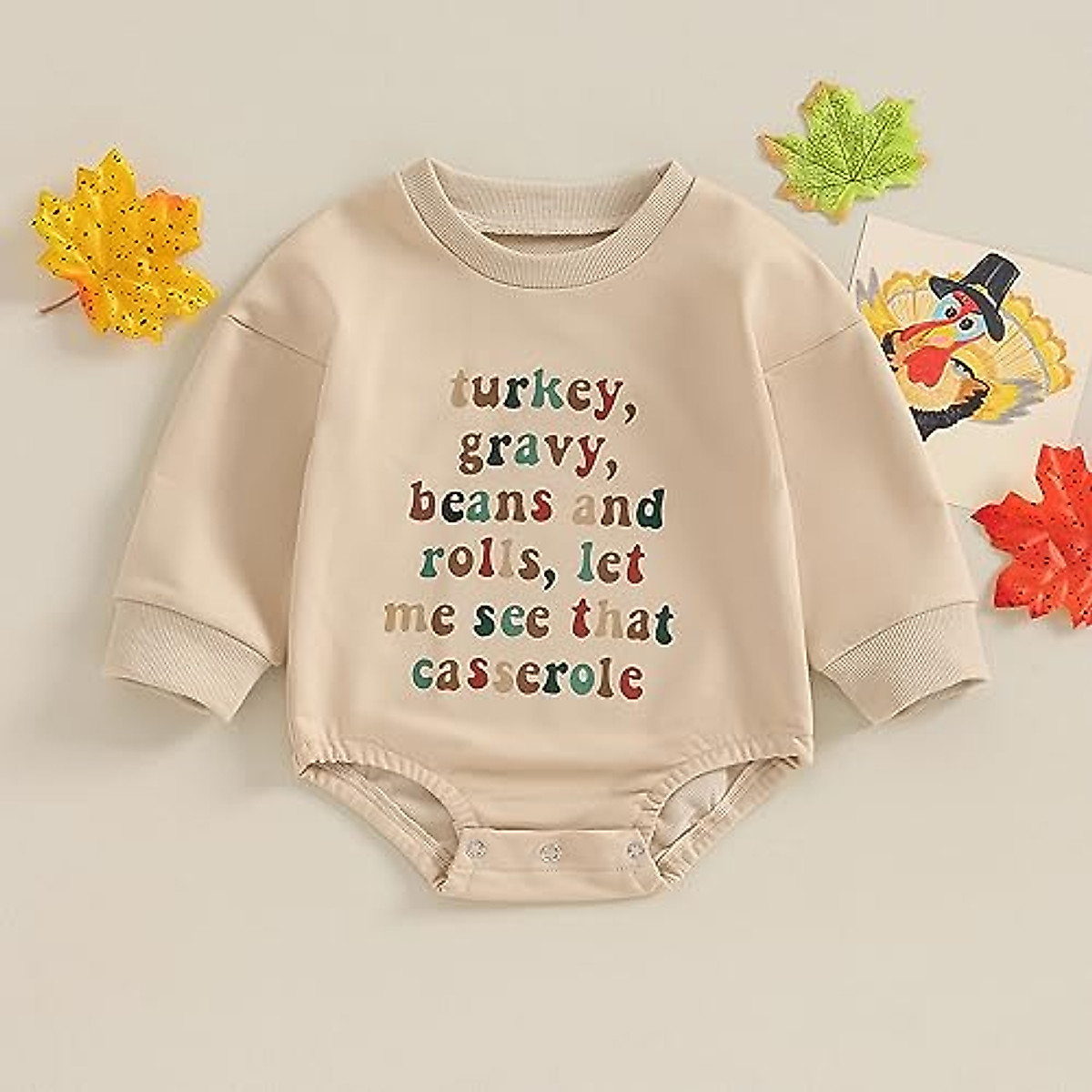 YINGISFITM Thanksgiving Baby Girl Boy Outfit Long Sleeve Turkey Sweatshirt Shirt Onesie Bubble Romper Fall Winter Clothes (Khaki Turkey Gravy, 0-3 Months)