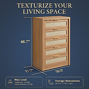 OAKHAM HOME 5 Drawer Dresser, Rattan Dresser for Bedroom with 5 Storage Drawers, Tall Dresser Chest of Drawers for Closet Bedside, Living Room Hallway 17.7" D x 29.5" W x 46.7" H, Weathered Oak