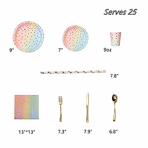 200PCS Rainbow Pastel Party Supplies Set-Disposable Paper Dinnerware Serves 25, Pastel Paper Plates Napkins Cups&Gold Plastic Silverware Sets for Wedding Birthday Baby Shower Holiday Parties(Colorful)
