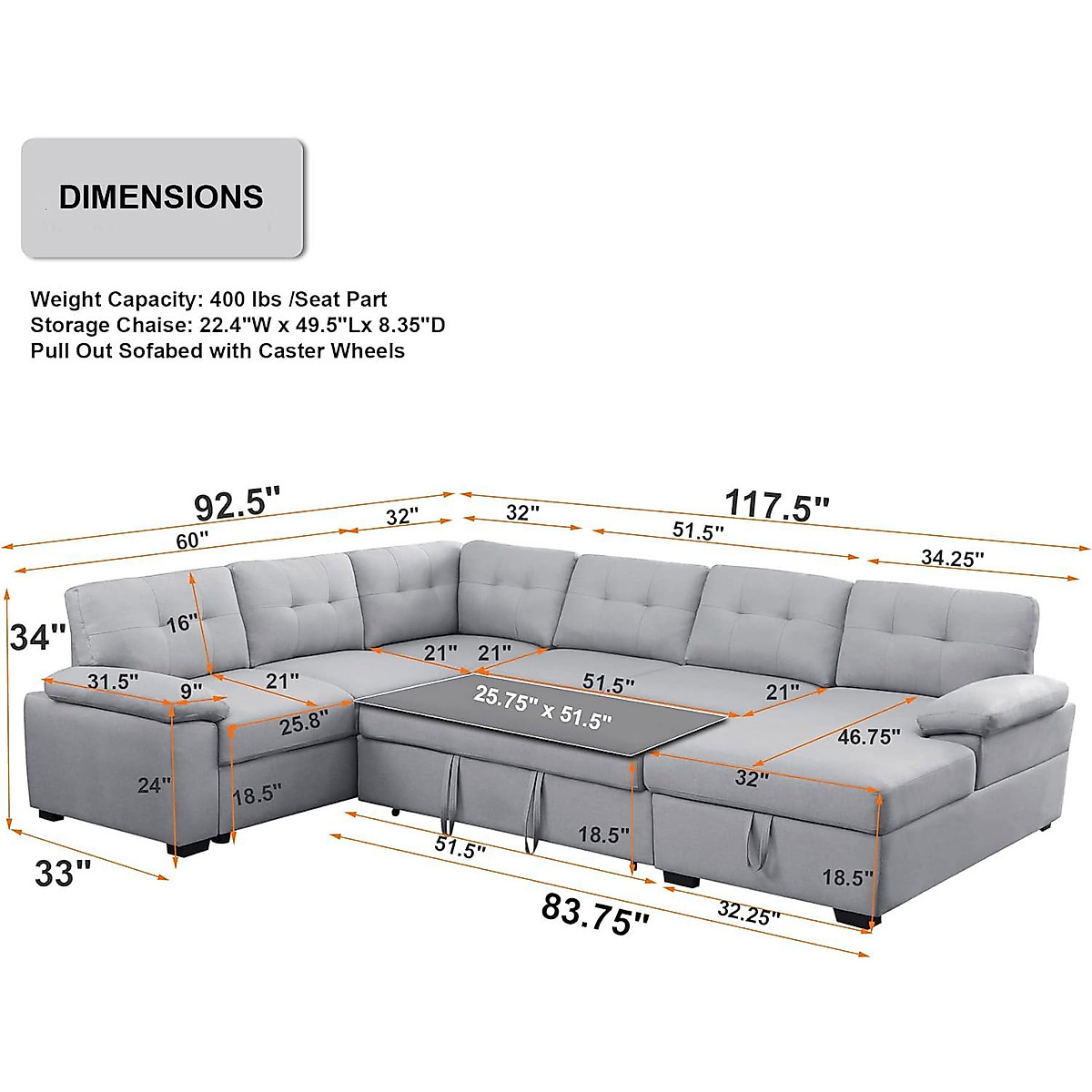 Sleeper Sofa Pull Out Couch with Storage, Modular Sectional Sofa Bed with Chaise Lounge, Modern Comfy 6 Seater U Shape Couch Bed for Living Room, Apartment, Home Office(Grey)