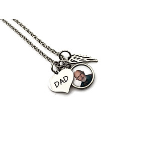 Handmade by Remember Me Loss of Father Gift, In Loving Memory, Dad Memorial Necklace In Memory of Dad Necklace with Picture Charm, Angel Wing, and Dad Charm