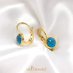 555Jewelry Womens Stainless Steel Stone Marble Round Circle Vintage Genuine Delicate Cut Classic Leverback Findings Finish Fashion Accessories Jewelry Earring, Yellow Gold & Turquoise