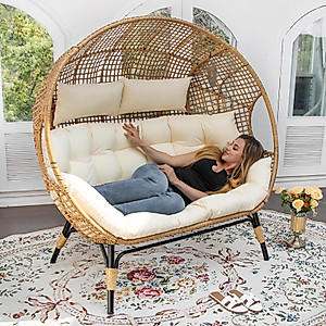 NICESOUL® Double Egg Chair Indoor Outdoor Stationary Oversized Thicken Padded Cushions,2 Person Egg Loveseat Chair,680 lbs Extra Large Lounge Chair for Patio Balcony Porch Backyard Beige