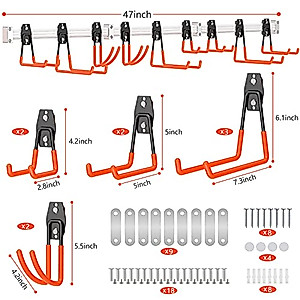yuzziko Heavy Duty Garage Tool Storage System with 9 Hooks, Steel Organizer Wall Mounted Rack, Ultility Garden Tool Hangers 47 Inch for Broom, Mop, Rake Shovel