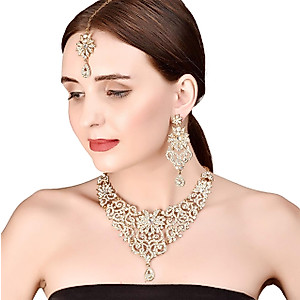 Touchstone Indian jewelry sets for women bollywood gold wedding bridal necklace desi earrings formal fancy rhinestone india designer jewellery punjabi white kundan tikka set in antique gold tone.