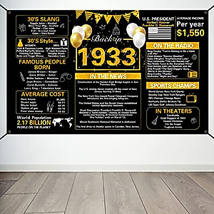 Crenics Black Gold 90th Birthday Decorations, Vintage Back in 1933 Birthday Backdrop Banner, Large 90 Years Old Birthday Anniversary Poster Photo Background Party Supplies for Women Men, 5.9 x 3.6 Ft
