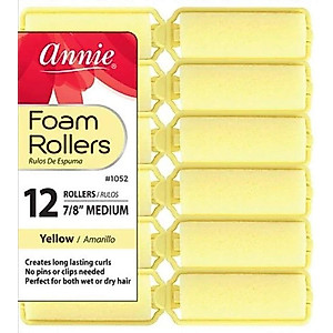 Annie Salon Style Medium Foam Hair Rollers - 7/8" Yellow - 12 Piece Set - Soft Heat-less Hair Curling Tools