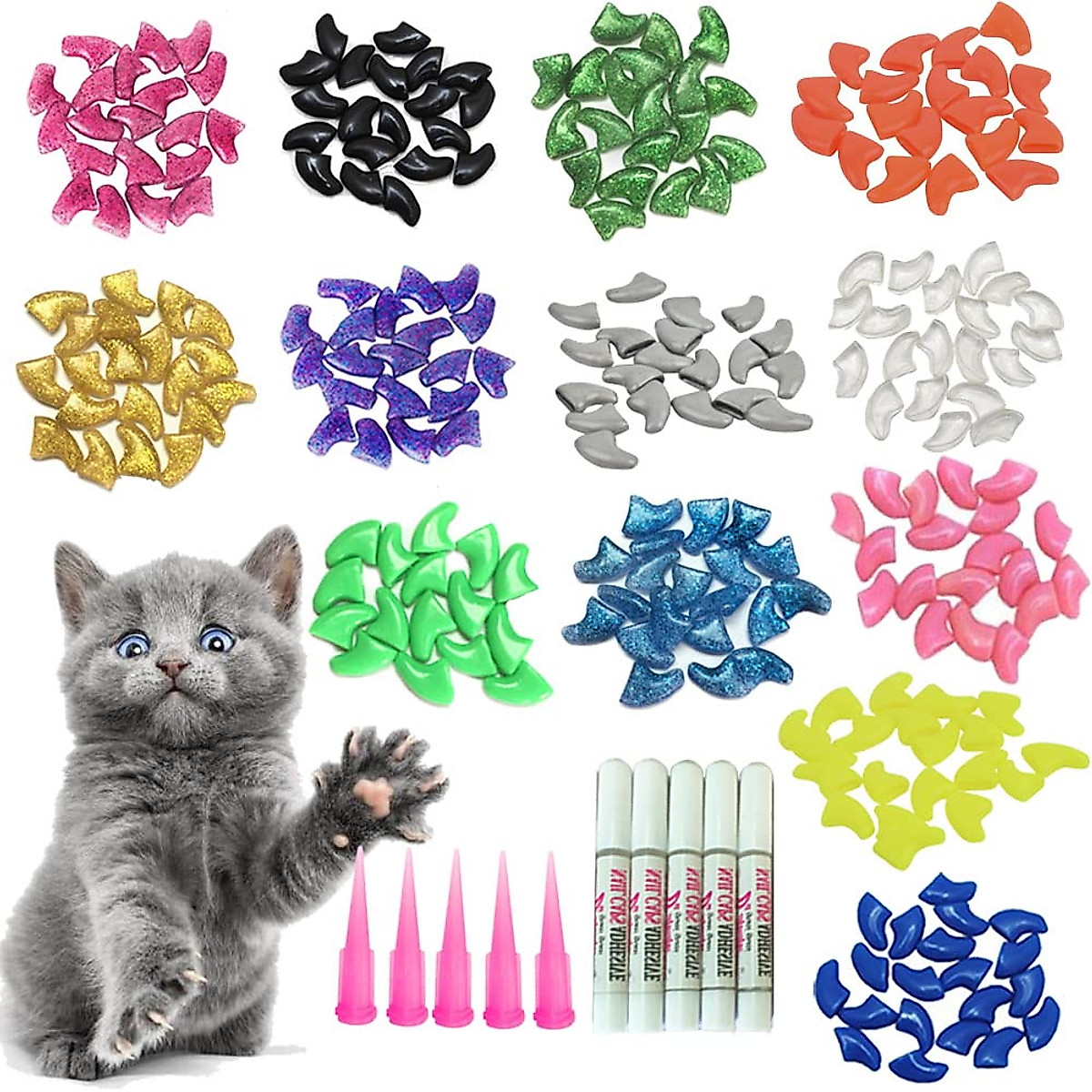 YMCCOOL 100pcs Cat Nail Caps/Tips Pet Cat Kitten Paws Covers Control Paws of 10 Nails Caps and 5Pcs Adhesive Glue 5 Applicator with Instruction