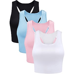 Boao 4 Pieces Basic Crop Tank Tops Sleeveless Racerback Crop Top for Women (Black, White, Blue, Pink, Large)