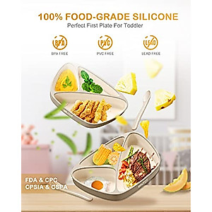 BRVTOT Newest Suction Plates for Baby & Toddler, 100% Food Grade Silicone Baby Plates with Spoon Set BPA Free, Feeding Divided Toddler Plate with Utensils for Led Weaning, Microwave & Dishwasher Safe