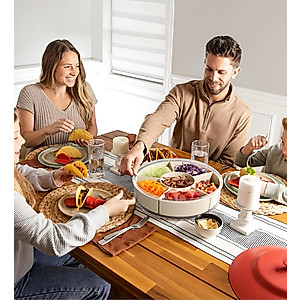 Divided Rotating Serving Tray with Lid and Handle, Portable Snackle Box for Fruits Snacks Veggie Charcuterie, Clear Snack Spinner Organizer and Storage for Adults Child (12" L-1pcs-6 Compartments)