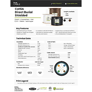 trueCABLE Cat6A Direct Burial, Shielded FTP, 1000ft, Waterproof, Outdoor Rated CMX, Black, 23AWG Solid Bare Copper, 750MHz, PoE++ (4PPoE), ETL Listed, Bulk Ethernet Cable
