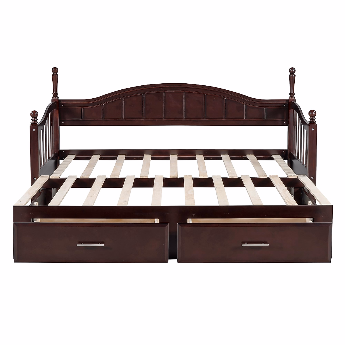 Guxeei Twin Size Daybed, Wooden Extendable Sofa Bed Frame with Twin Size Trundle and Two Storage Drawers for Bedroom, Sturdy Wood Slat Support, No Box Spring Needed, Easy Assembly (Espresso)