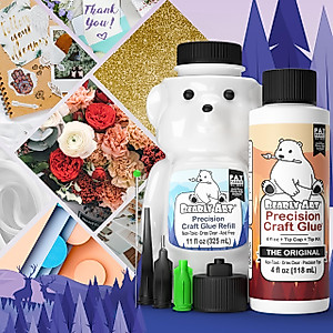 Bearly Art Precision Craft Glue -The Bundle - 4fl oz and 11fl oz Refill Bear - Tip Kit Included - Wrinkle Resistant - Flexible and Crack Resistant - Strong Hold Adhesive - Made in USA