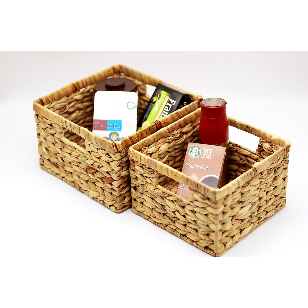 Rlosjin Wicker Storage Basket, Organization Basket, Storage Basket With Built-In Handles, Water Hyacinth Stand (2-Pack, Natural Hyacinth)11.4x11.4x7.1&9.8x9.8x6.5