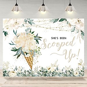 Rsuuinu Ice Cream Bridal Shower Backdrop She's Been Scooped Up White Flowers Green Leaves Photography Background Bridal Shower Party Decorations Cake Table Banner Supplies Photo Booth Props 7x5ft