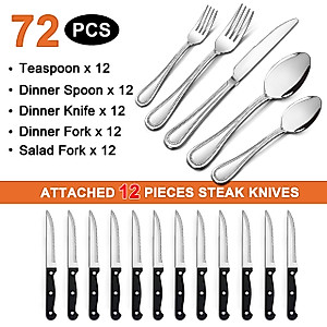 LIANYU Silverware Flatware Set for 12, 72-Piece Silverware Cutlery Set with Steak Knives, Fancy Stainless Steel Eating Utensils Tableware Include Forks Spoons Knives, Beaded Edge, Dishwasher Safe
