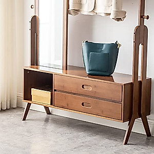 CROSS WIN Bamboo Wooden Garment Rack Freestanding Closet Organizers and Storage Drawers with Mirror&Hooks, Coat Rack, Open Wardrobe for Entryway (40.6(L) x 13 (W) x 66.5 (H))