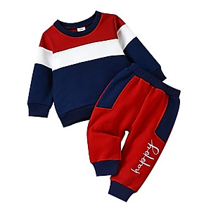 12-18 Months Boy Clothes Toddler Infant Long Sleeve Multi-Color Sweatshirt Tops + Pants Fall Winter Outfit Set 2Pcs,Red navy boy clothes 12-18M/110cm