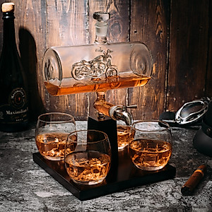 Motorcycle Decanter Whiskey & Wine Decanter Set 1100ml by The Wine Savant with 4 Whiskey Glasses, Motorcycle Gifts, Harley Davidson Motorbike Gifts, Drink Dispenser for Wine, Scotch, Bourbon 19"H 8"W
