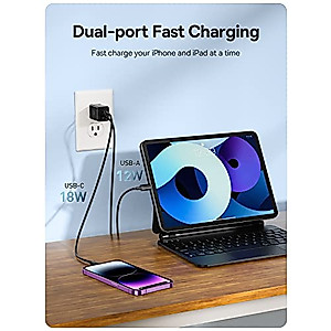USB C Charger, Baseus 30W Dual Port USB C Charger Block, Fast Compact PD Charger with Foldable Plug for iPad Pro/Air/Mini, iPhone 14/14 Pro/14 Pro Max/13 Pro/12/SE/11/XR/XS, Samsung, Pixel 6, Black