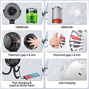 Stroller Fan, Use As Power Bank, 66H 10000mAh Battery Operated Fan, Personal Portable Fan, Baby Stroller Fan, with Flexible Tripod Clip on Student Bed Desk Bike Crib Treadmill Camping (Black)