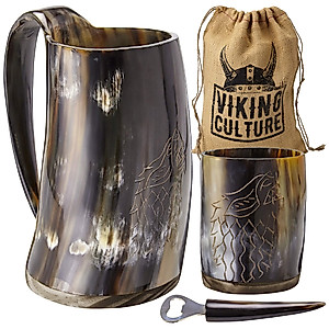 Viking Culture Ox Horn Mug, Shot Glass, and Bottle Opener (3 Pc Set) Authentic 16-oz. Ale, Mead, and Beer Tankard | Vintage Stein with Handle | Custom Intricate Design - Polished Finish | Wolf/Fenrir