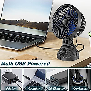 JZCreater USB Desk Fan, USB Mini Fan with Stepless Speed, 90°Auto Oscillating Fan, Quiet Rotation Strong Wind, Small Personal Fan for Bedroom Home Office Table Outdoor Stroller, 4.8inch(Black Blue