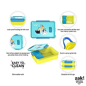 Zak Designs Bluey Reusable Plastic Bento Box with Leak-Proof Seal, Carrying Handle, Microwave Steam Vent, and Individual Containers for Kids' Packed Lunch (3-Piece Set)