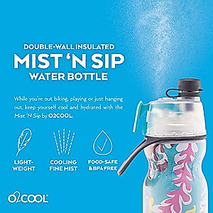 O2COOL Arctic Squeeze Insulated Mist 'N Sip Water Bottle | 2 Pack- 20 oz | BPA Free, 2-in-1 Mist and Sip Function w/No Leak Pull Top Spout (Ras Ombre/Tropical)