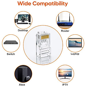 CableCreation Cat6 RJ45 Connectors, 100-PACK Cat6 RJ45 Ends, Ethernet Cable Crimp Connectors UTP Network Plug for Solid Wire and Standard Cable, Transparent