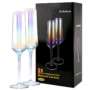 Gutsdoor Crystal Champagne Flutes Glass Set of 2 Iridescent Champagne Glass Flutes Wedding Christmas Valentine Cheers Champagne Flutes