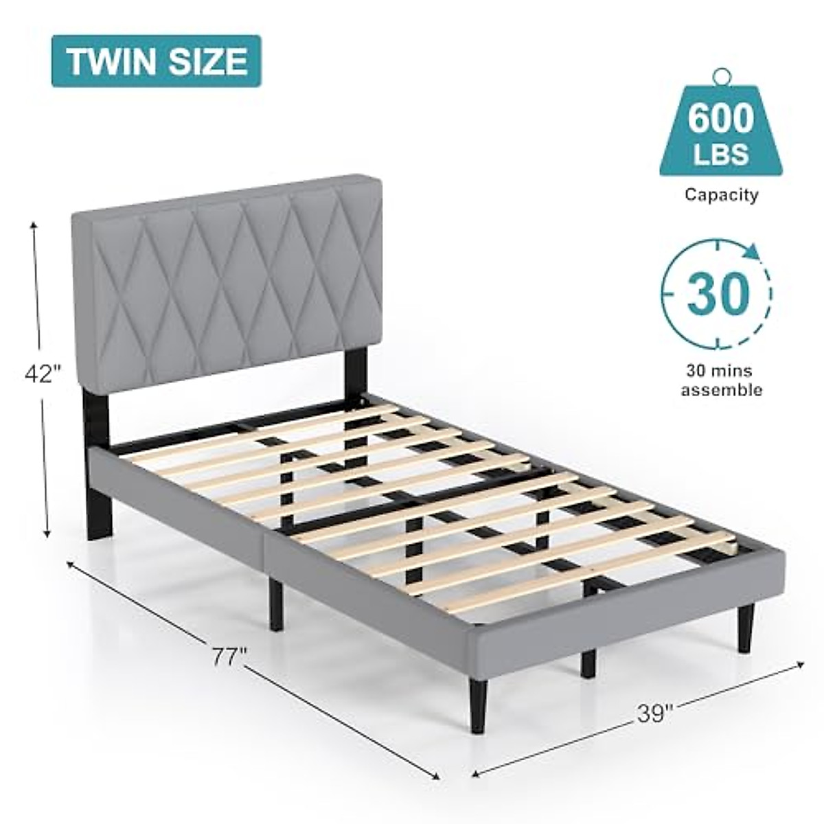 IYEE NATURE Twin Bed Frame Upholstered Platform with Headboard and Strong Wooden Slats, Strong Weight Capacity, Non-Slip,No Box Spring Needed, Easy Assembly,Twin Size Bed Frame,Gray