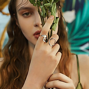 FIBO STEEL 9 Pcs Gold Chunky Rings for Women 18K Gold Plated Ring Set Dome Thick Open Rings Adjustable Gold tone