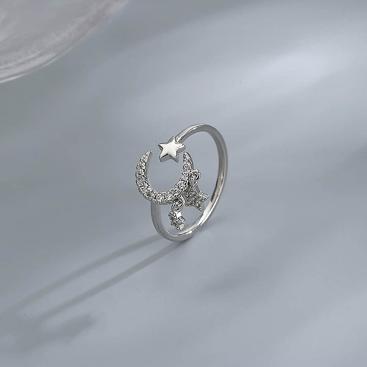 Crescent Moon Star Open Rings for Women Cubic Zirconia Dangle Tassel Adjustable Stacking Statement Knuckle Finger Ring Promise Wedding Promise Gift Anniversary Valentine's Day Fashion Jewelry Gifts Daughter