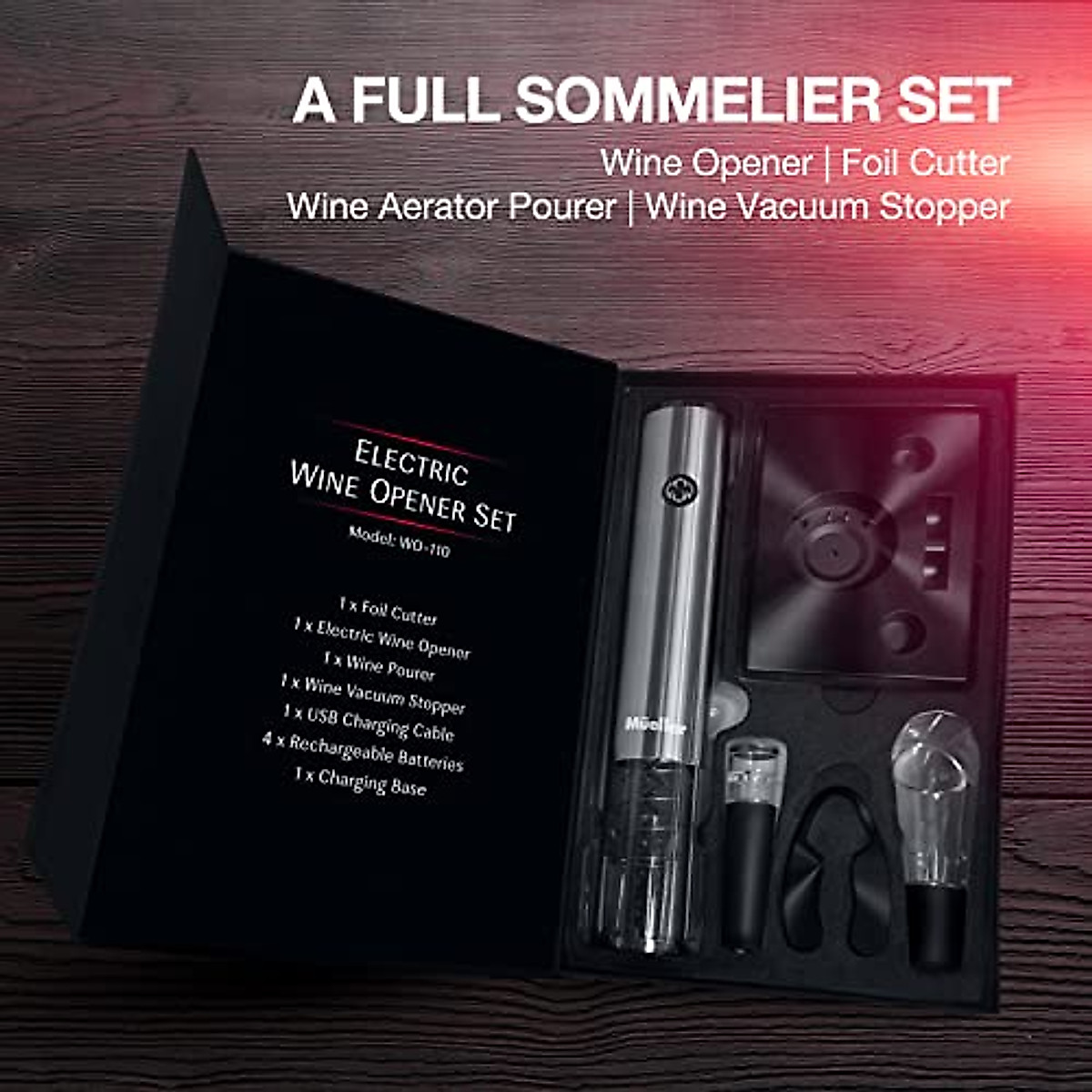 Mueller Electric Wine Opener Set - Rechargeable Batteries and USB Charging Cable - Electric Corkscrew Opener with Foil Cutter, Wine Pourer, Vacuum Stopper (Batteries Included), Valentines Day Gifts