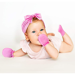 Geyoga 18 Pieces Baby Headband Newborn Socks and Mittens Sets Elastic Baby Essentials Boys Girls 0-6 Months (Wine Red, Pink, Yellow, Balsklish Green, White, Black)