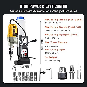 VEVOR Magnetic Drill, 1100W 1.57" Boring Diameter, 2697lbf/12000N Portable Electric Mag Drill Press with 7 Bits, 580 RPM Max Speed Drilling Machine for any Surface and Home Improvement