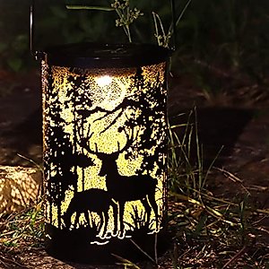 Solar Outdoor Lantern Made of Metal, Carving The Appearance of Forests and Deer. Outdoor Decorative Lamps for Patio Waterproof, Delicate Garden Decoration for Patio, Pathway, Landscape, Home Decor.