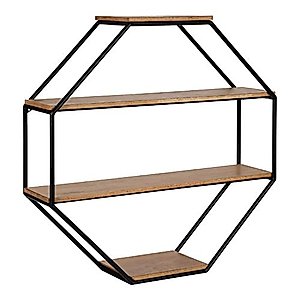 Kate and Laurel Lintz Farmhouse Octagon Wall Shelf, 24 x 24, Rustic Brown and Black, Modern 4-Tier Geometric Shelves for Wall