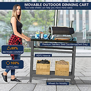 Outdoor Prep Dining Table,Movable Pizza Oven Stand, Stainless Steel Patio Bar Cart,Patio Grilling Backyard BBQ Grill Cart,Dark Gray Tabletop(Gray)