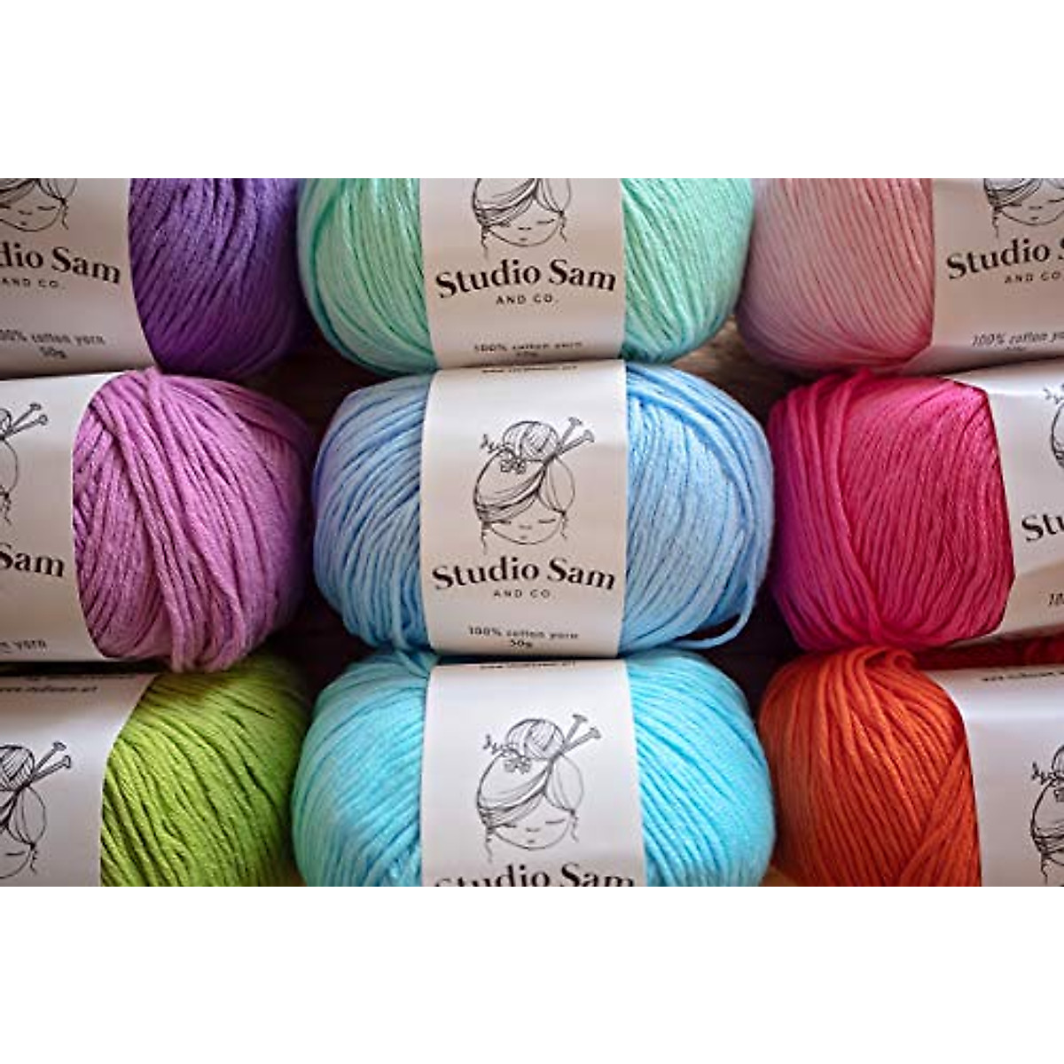 Studio Sam Pure Cotton Yarn Set for Knitting and Crochet. Pack of 10 Skeins, Total 1850 Yards. Great for Baby Blankets and Clothes. Boho Brights Collection.