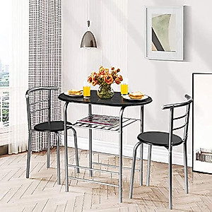 LUARANE 3 Piece Dining Set, Breakfast Table Set w/Metal Frame and Storage Shelf, Compact Table and 2 Chairs Set, for Home Bistro Pub Apartment Kitchen Dining Room Cafe (Black & Silver)
