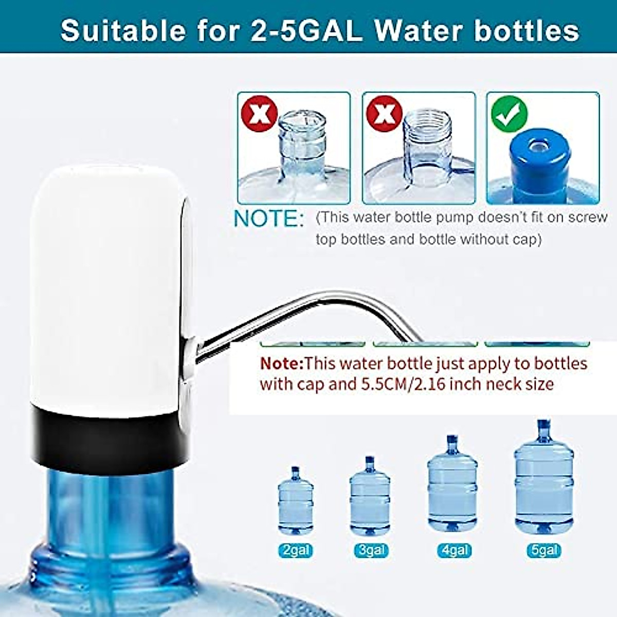 5 Gallon Water Dispenser-Electric Drinking Water Pump Portable Water Dispenser USB Charging Water Bottle Pump for 5 Gallon Bottle -Hushtong