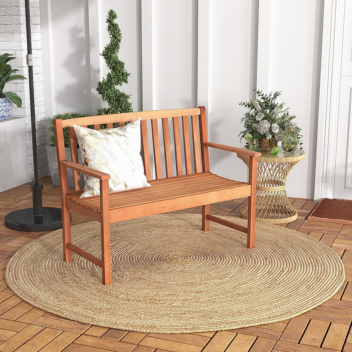 Giantex Outdoor Bench, Wood Patio Bench with Cozy Armrests & Backrest, Slatted Sitting Area, Eucalyptus Wood Frame, 2-Person Loveseat for Park, Porch, Yard, 800 lbs Max Load, Garden Bench (Eucalyptus)