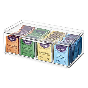 iDesigniDesign Crisp BPA-Free Plastic Stackable Tea Bag Organizer, 12.59" x 6.23" x 4.57", Clear with Gray Dividers & Recycled Plastic Extra-Large Bin, 10” x 8” x 5iDesign