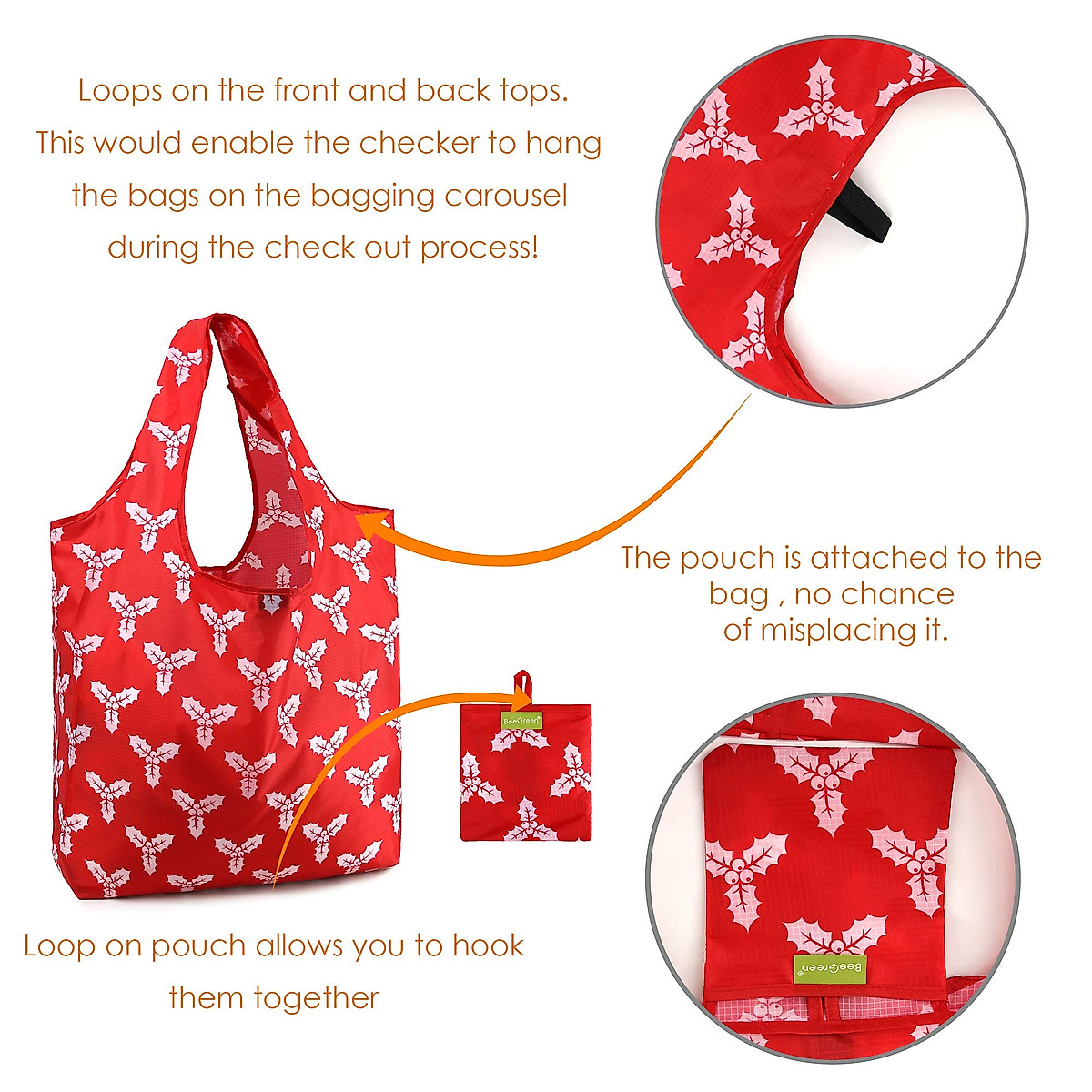 BeeGreen Christmas Red Reusable Grocery Bags 12 Pack with Storage Pouch & Elastic Band Gift Bags Shopping Tote Bags Bulk Ripstop 50LBS Extra Large Foldable Machine Washable