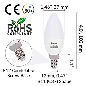Simba Lighting LED Candelabra Light Bulbs B11 (C37) Candle Shape E12 Base (6 Pack) | Decorative 5W 40W Replacement 110V, 120V for Chandelier, Ceiling Fan, PC Cover, Non-Dimmable, Warm White 2700K