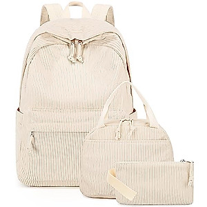 BTOOP School Backpack for Teen Girls Beige Corduroy Bookbags Set Lightweight Schoolbag with Lunch Box and Pencil Case